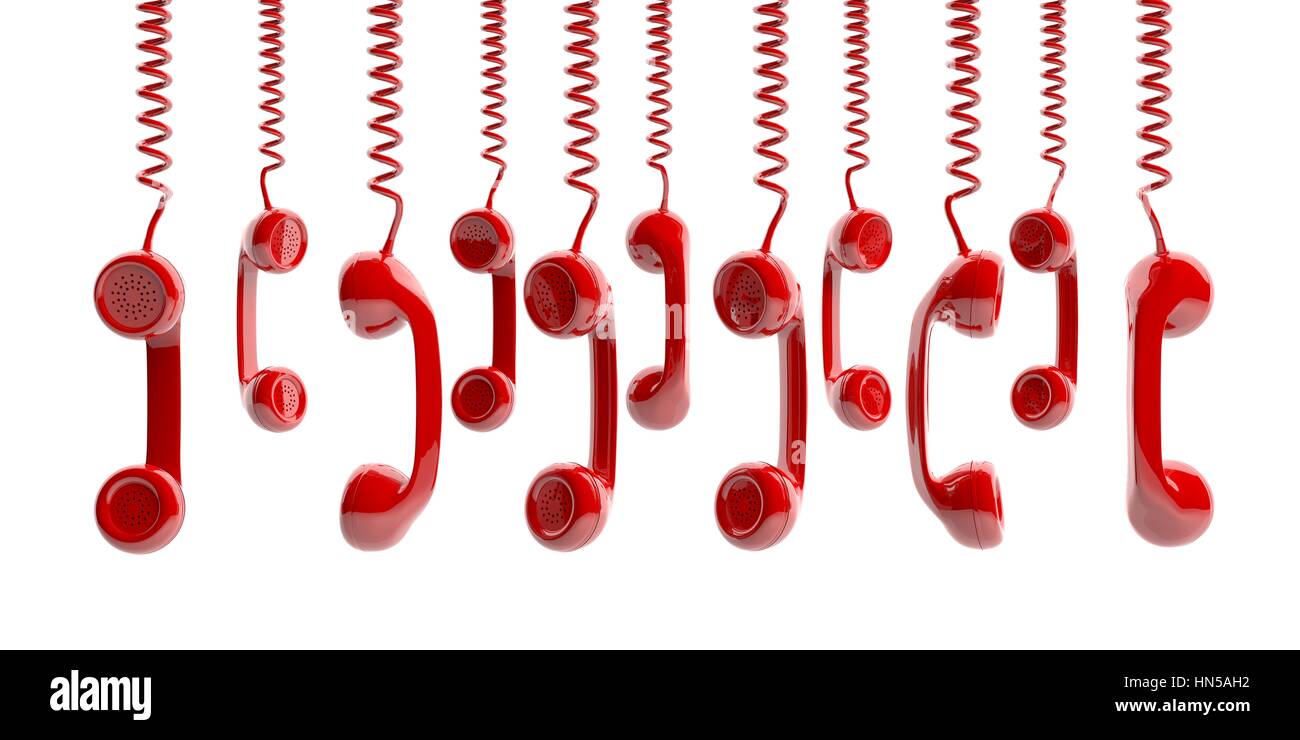 Old red phone receivers hanging on white background. 3d illustration ...