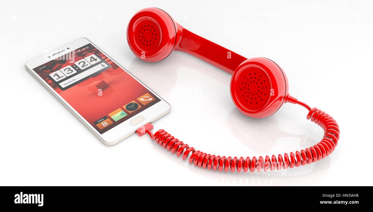 Red old phone receiver and smartphone isolated on white background. 3d ...