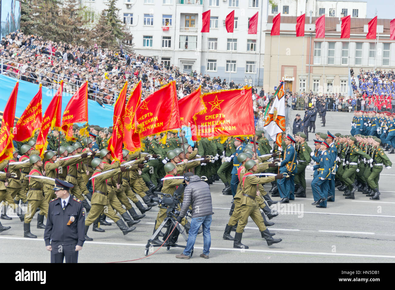 Samara, Russia - May 9: Russian soldiers march at the parade on annual ...