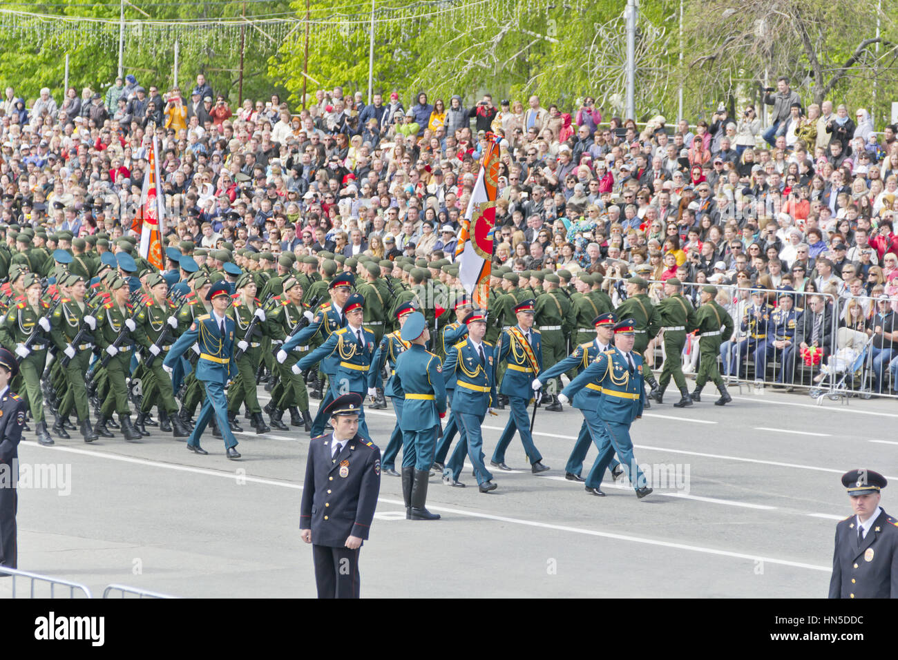 Samara, Russia - May 9: Russian soldiers march at the parade on annual ...