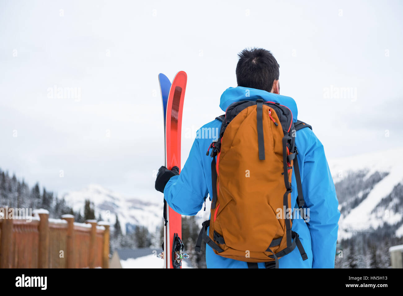 Rear view of skier standing with ski on snow covered mountains Stock ...