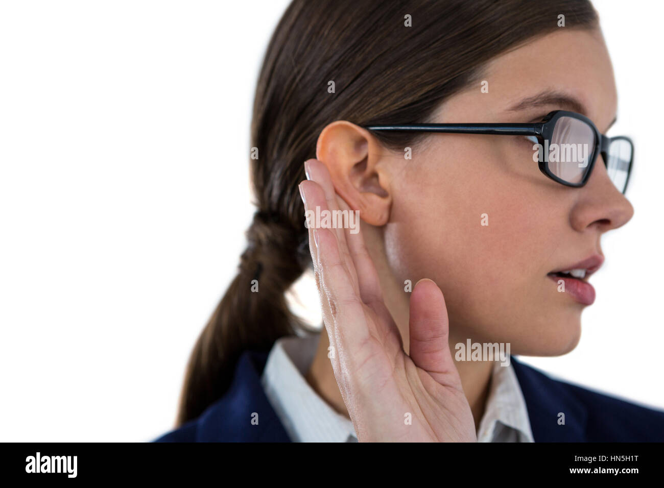 Business woman hand ear listening hi-res stock photography and images ...