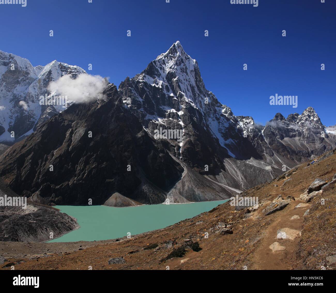 Landscape in the Everest National Park, Nepal. Turquoise lake Cholatse ...
