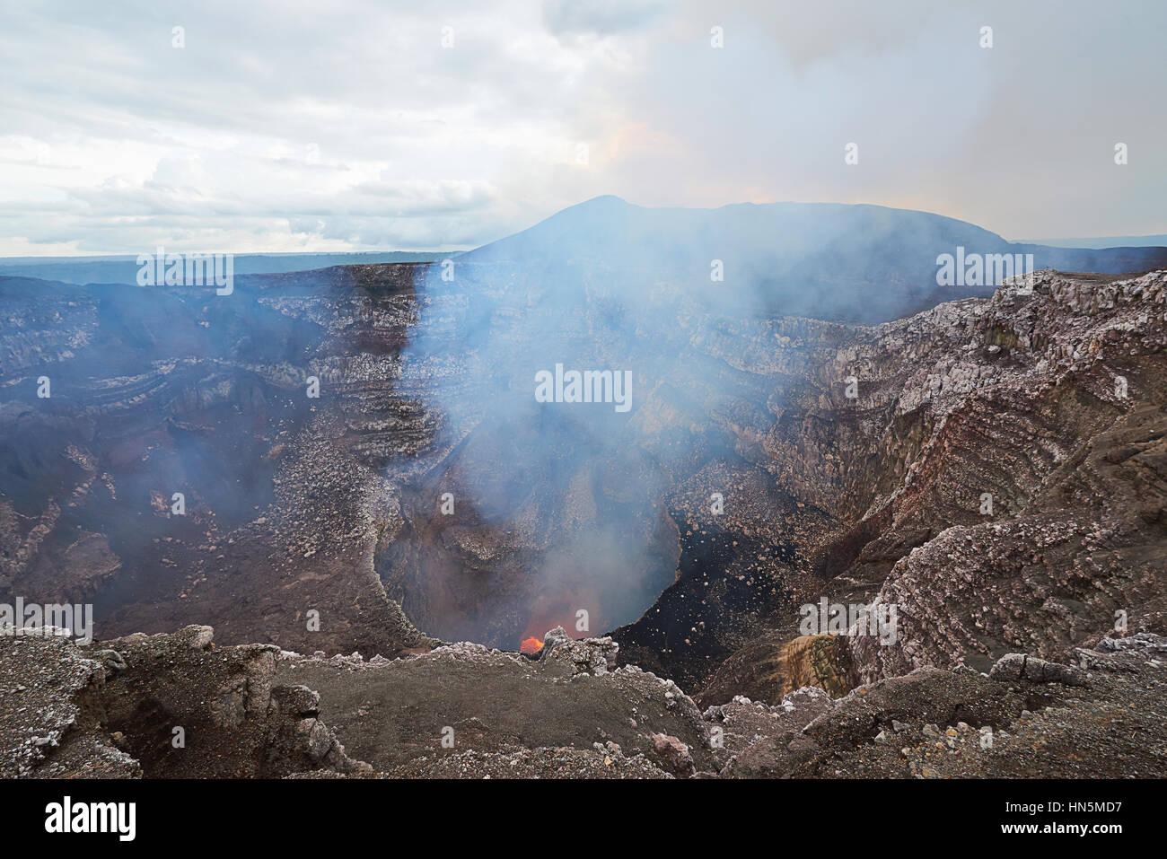 huge crater of volcano with lava and smoke in masaya nicaragua Stock ...