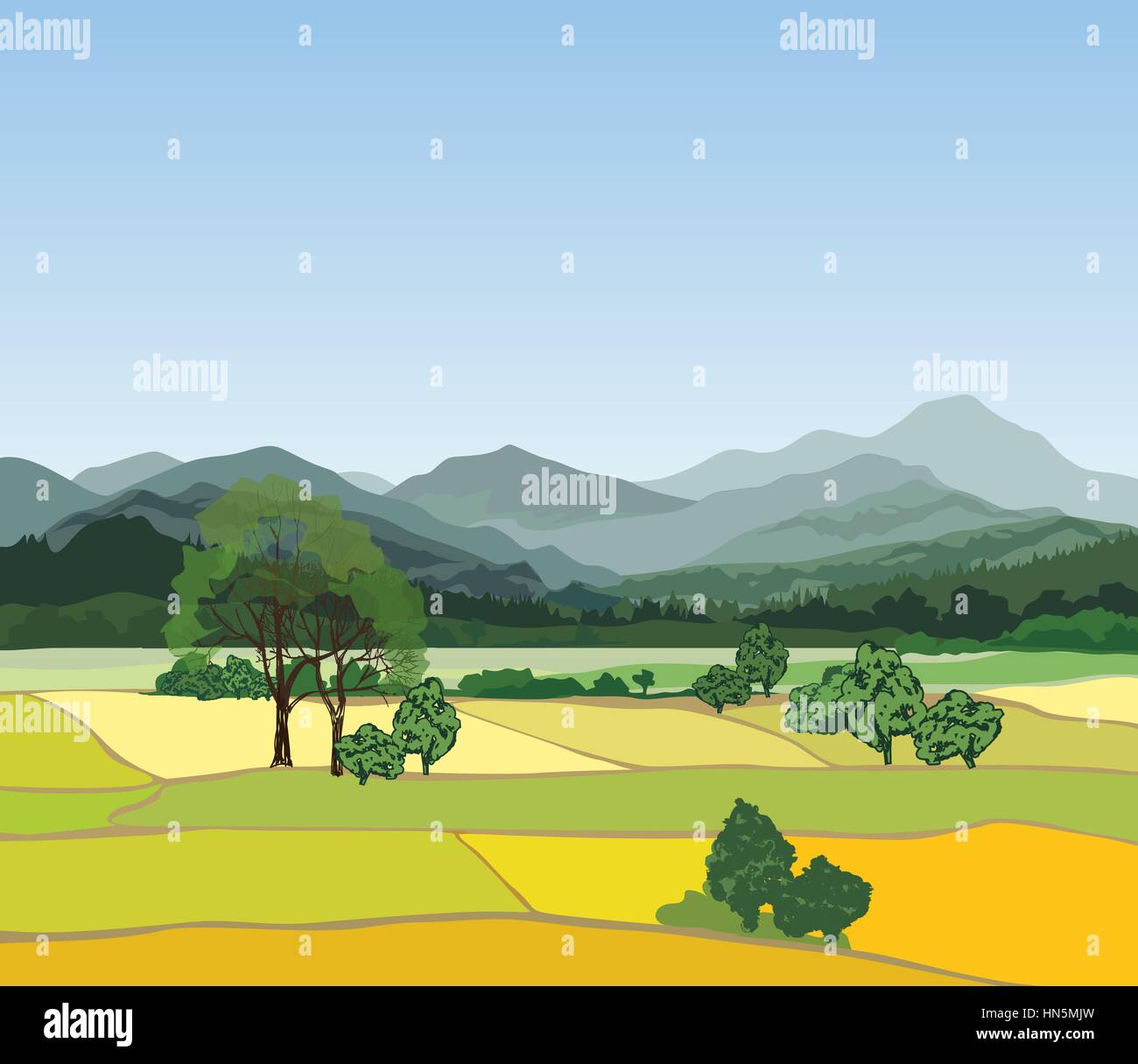 Rural landscape with mountains. Vector countryside view with forest ...