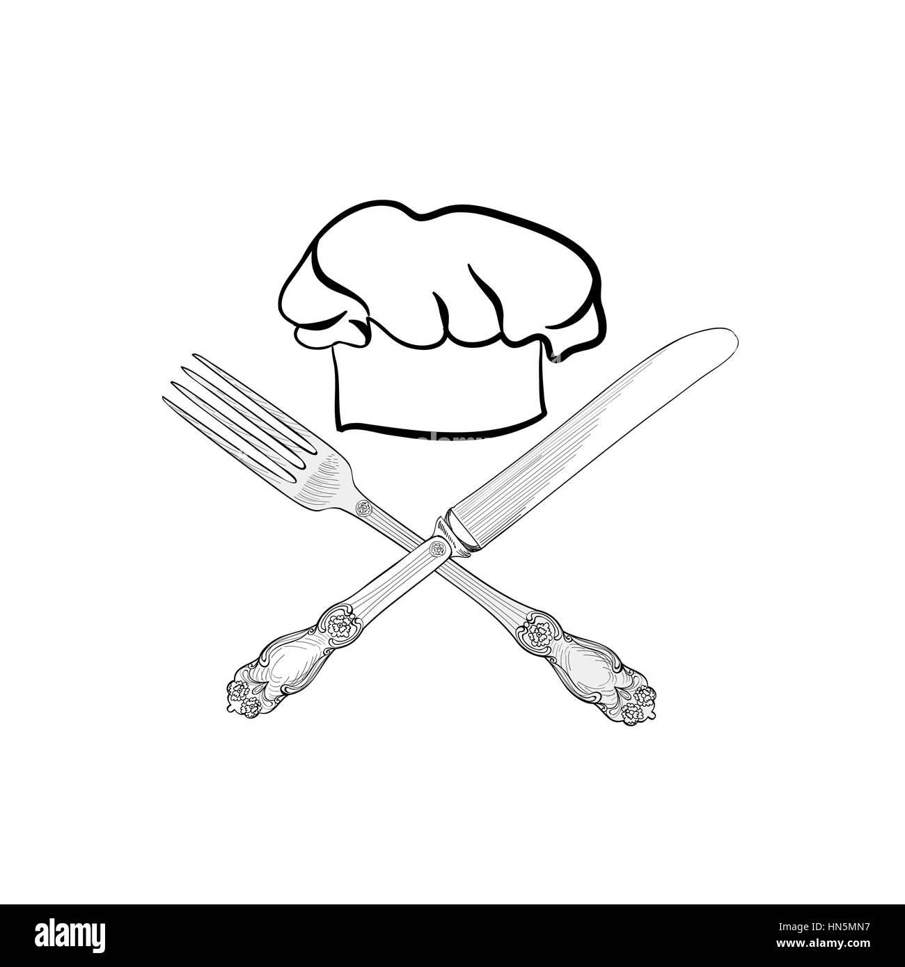 Chef cook hat with fork and knife hand drawing sketch label. Cutlery ...