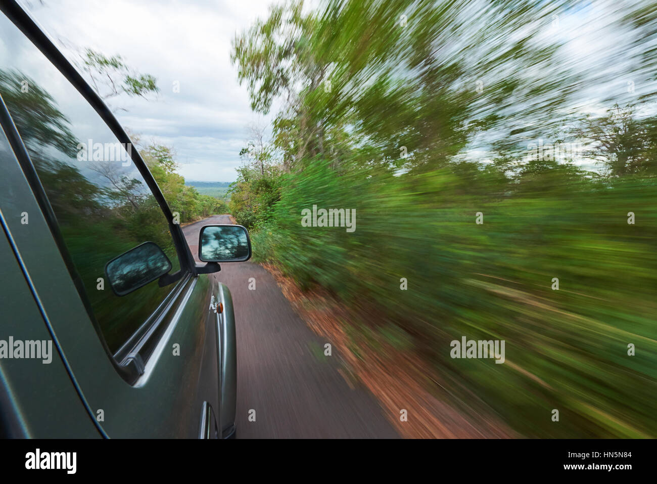 gray car moving fast on asphalt road with trees Stock Photo - Alamy