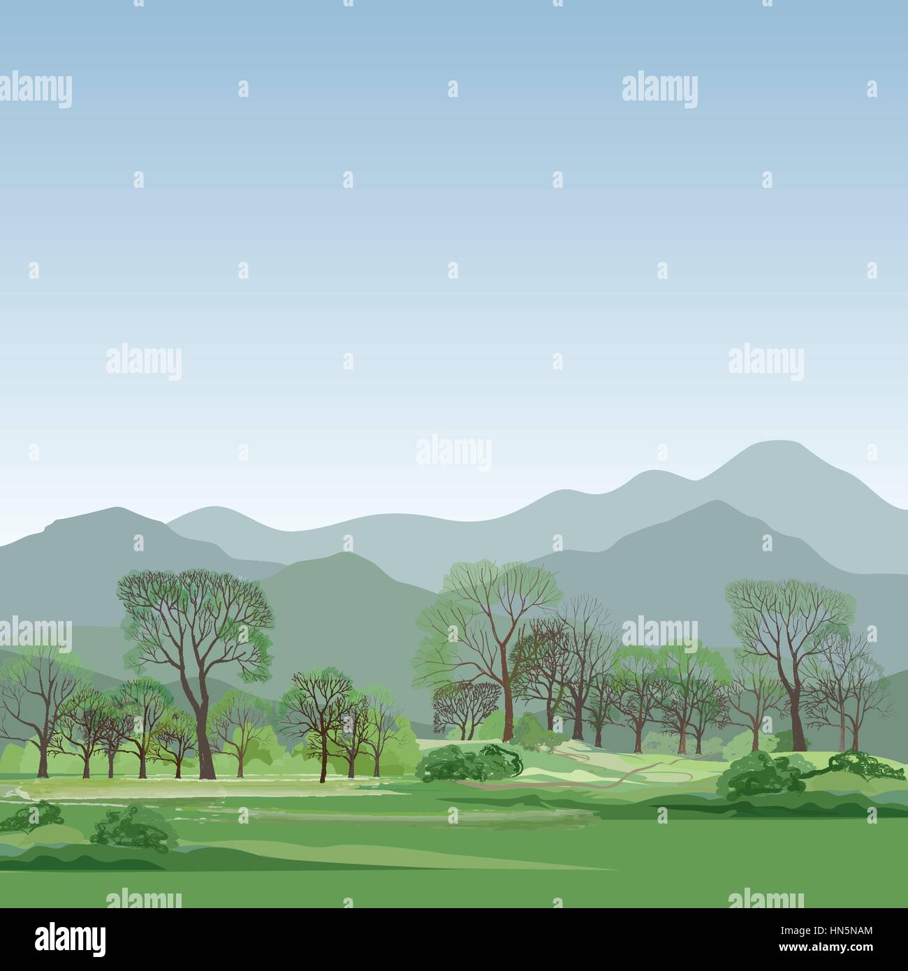 Spring landscape with mountains, fields and forest. Nature background ...