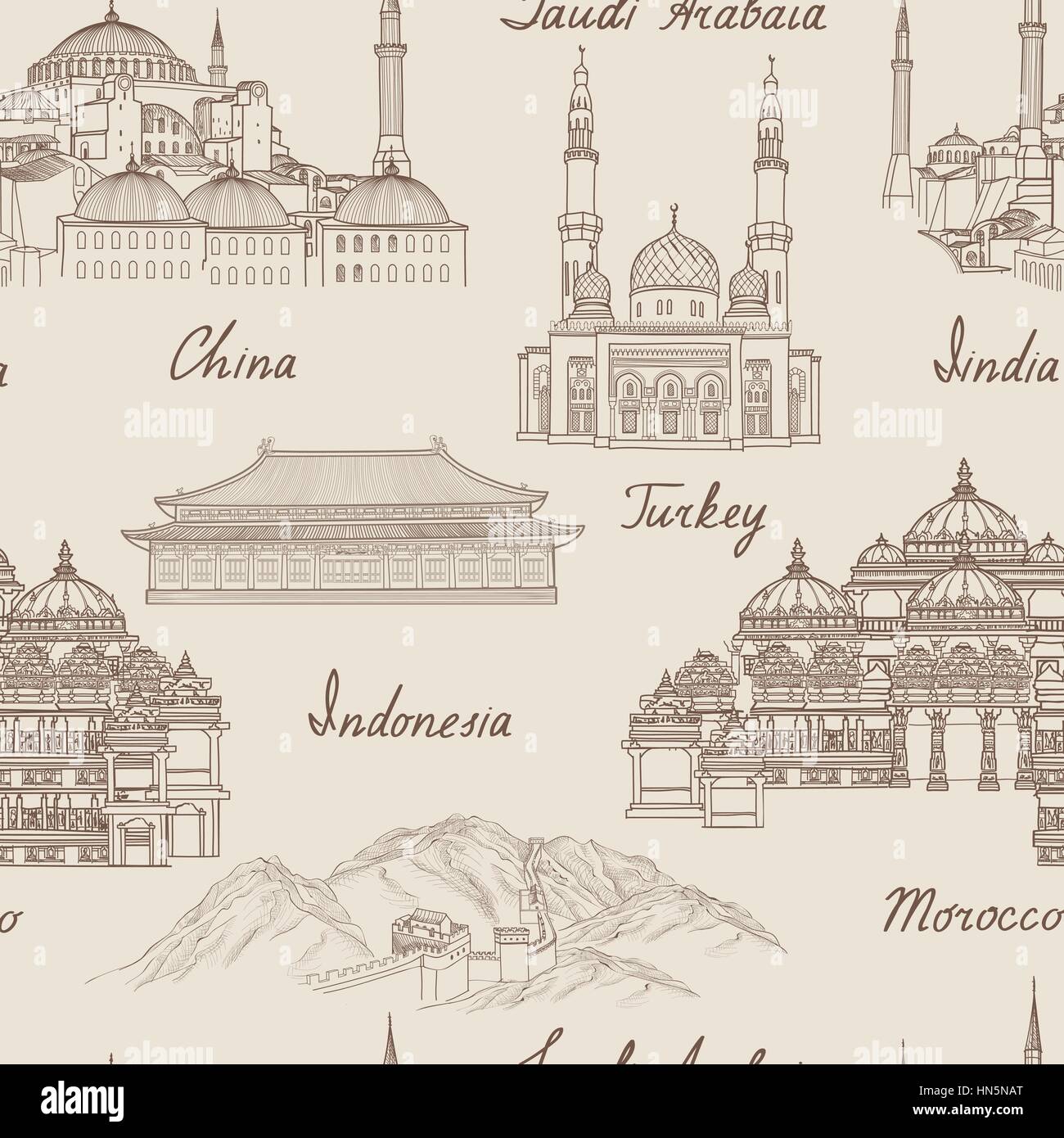 Travel Asia background. World famous landmark seamless pattern. Asian ...