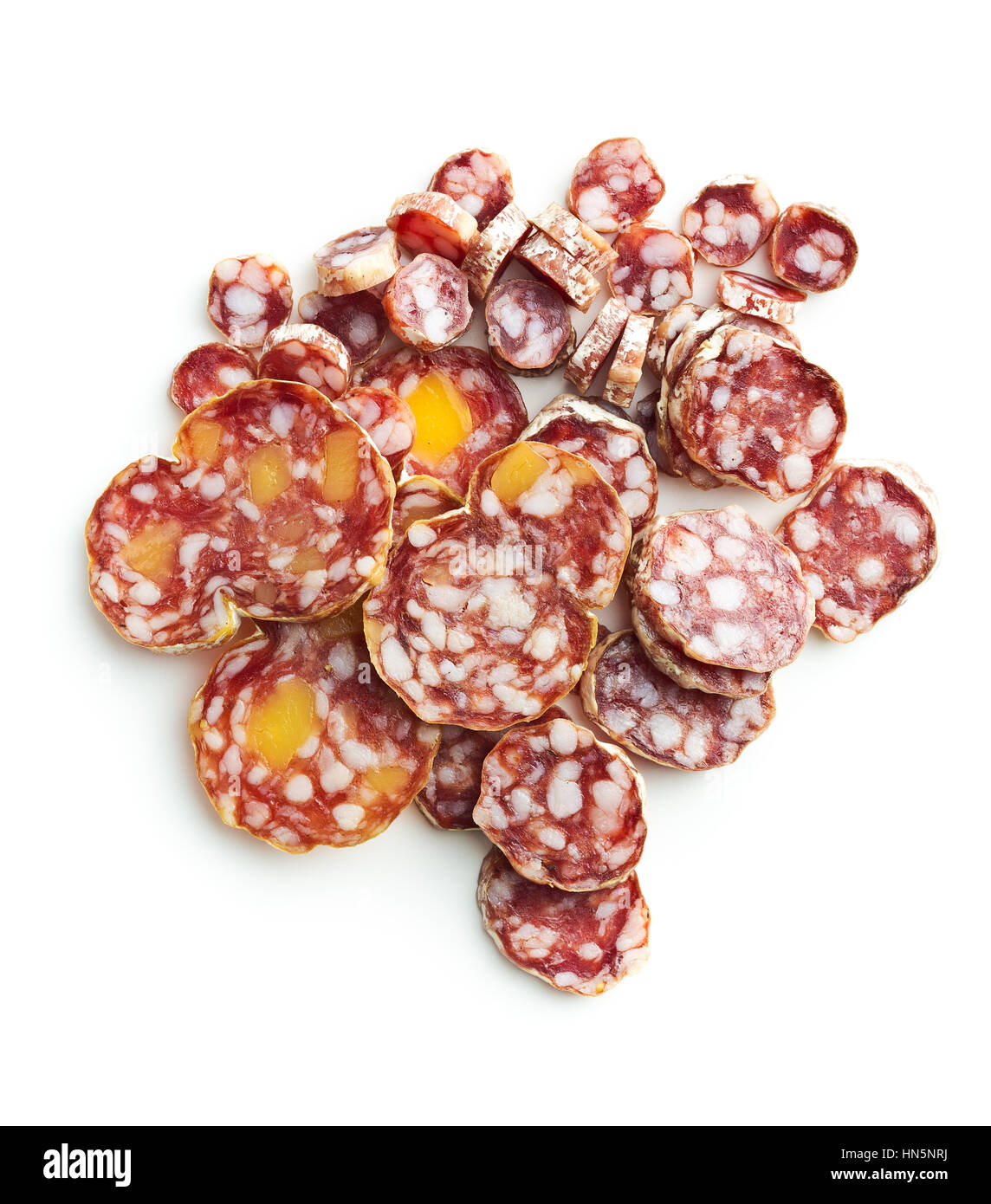 Tasty sliced salami isolated on white background. Top view Stock Photo ...