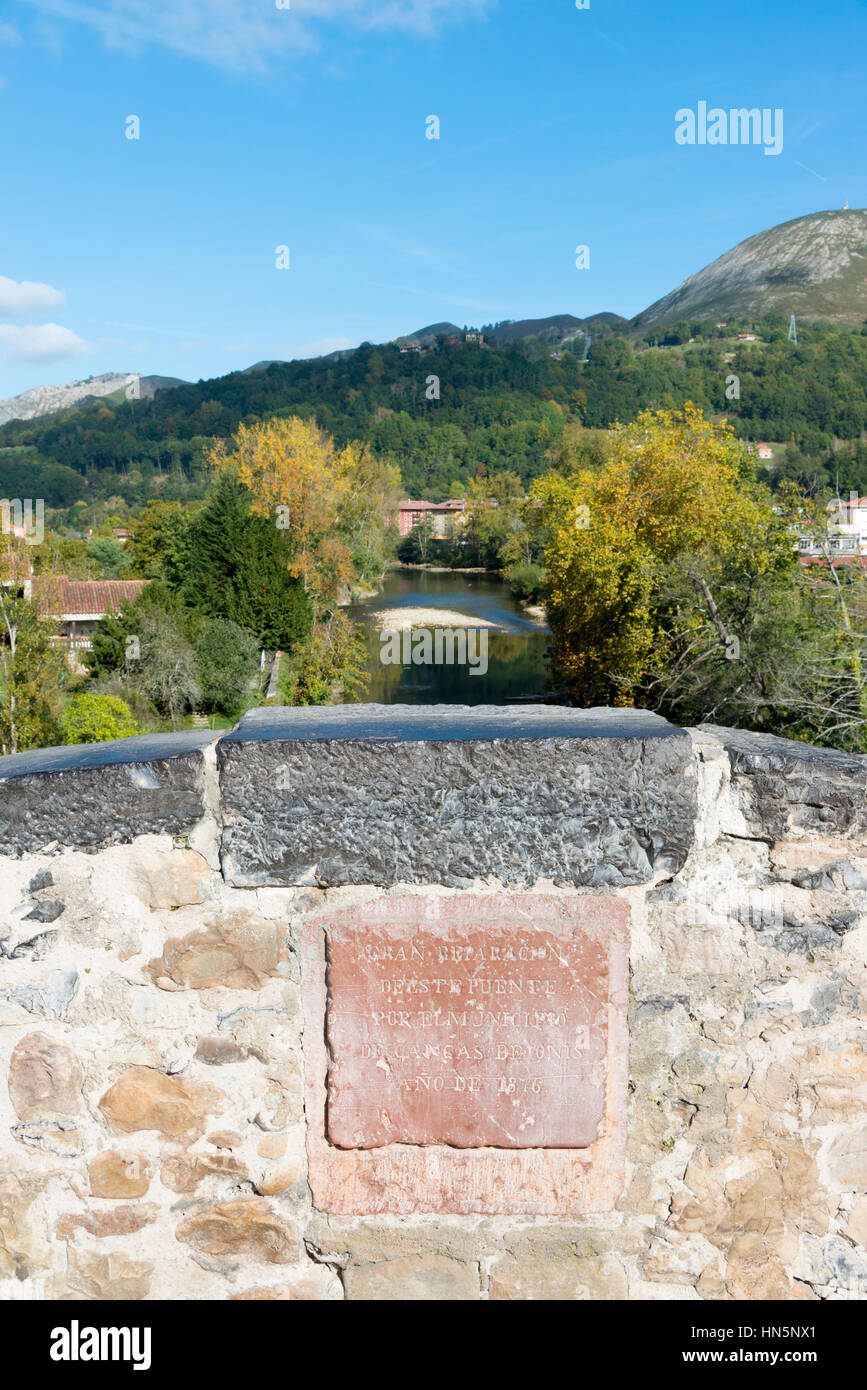 A detail and carved stone laque on the Roman Bridge of Cangas de On’s ...