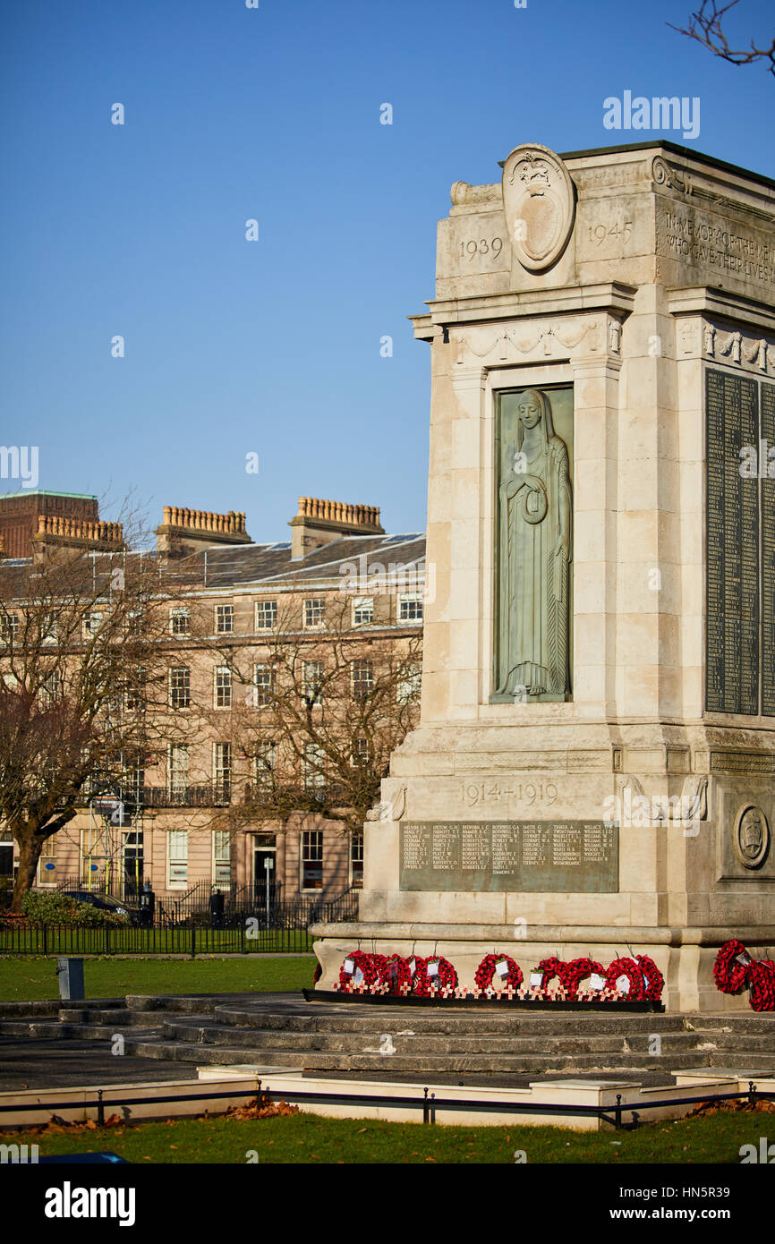 Blue sky sunny day at Birkenhead landmark Hamilton Square War Memorial ...