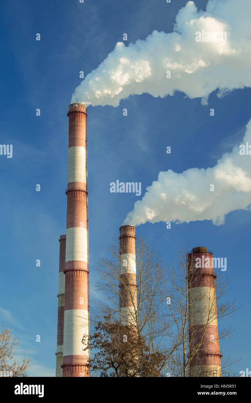 big factory chimney with white dense smoke Stock Photo - Alamy