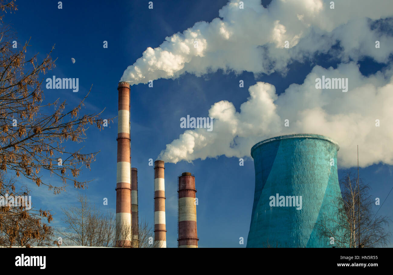 big factory chimney with white dense smoke Stock Photo - Alamy