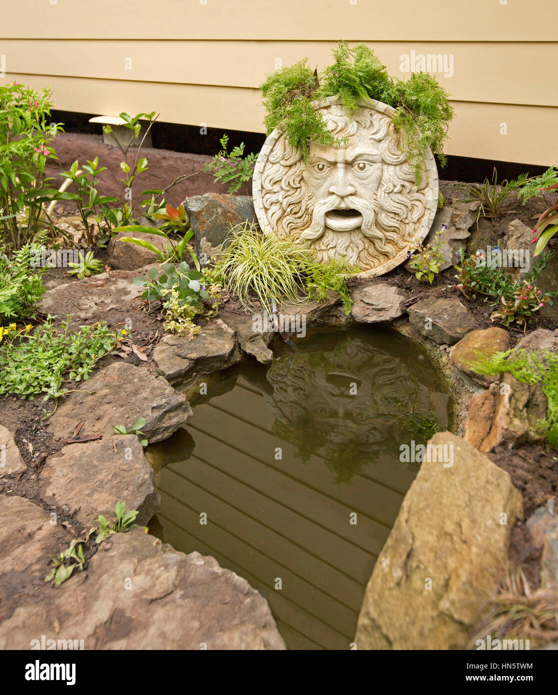 Pond with large sculptured stone face of mythical old man that can ...