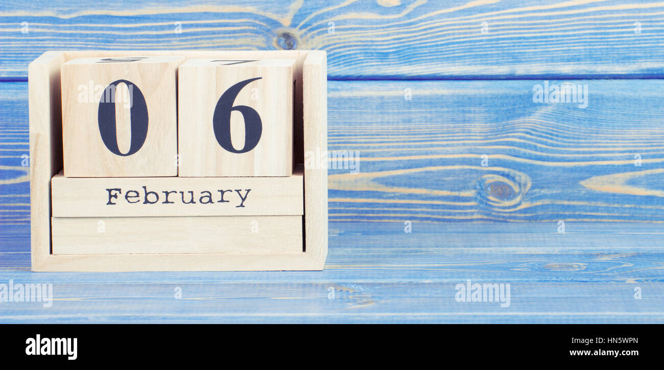 Vintage photo, February 6th. Date of 6 February on wooden cube calendar ...