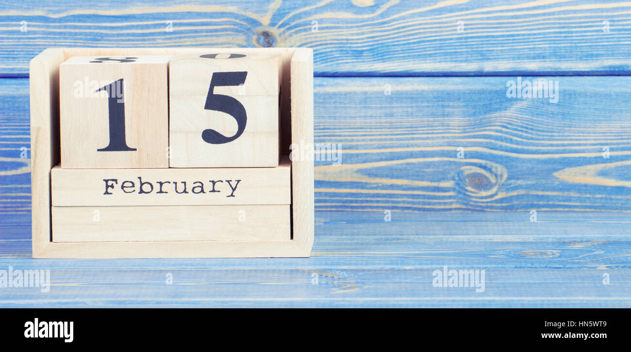 Vintage photo, February 15th. Date of 15 February on wooden cube ...
