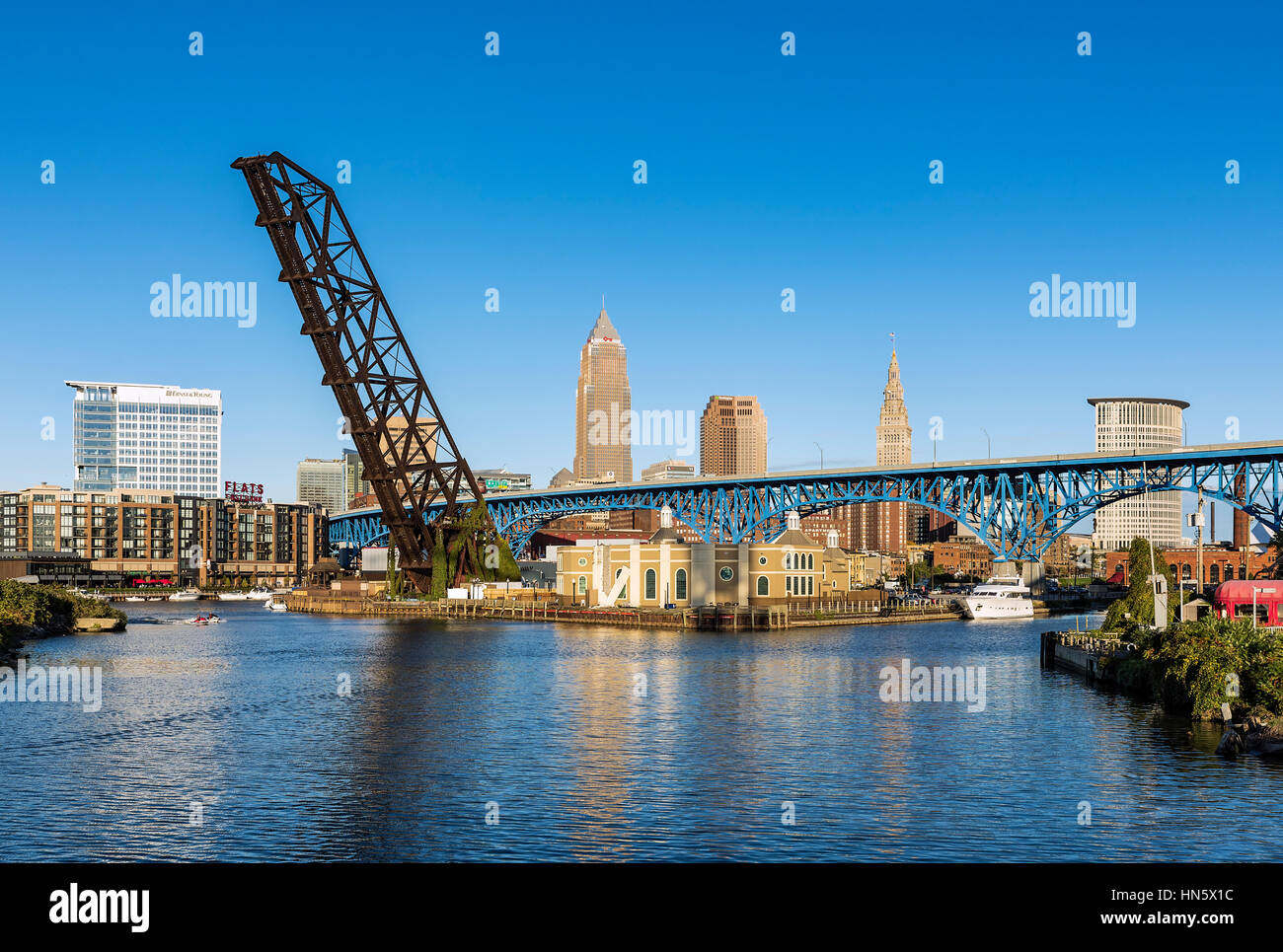 City skyline and the Cuyahoga River, Cleveland, Ohio, USA Stock Photo ...