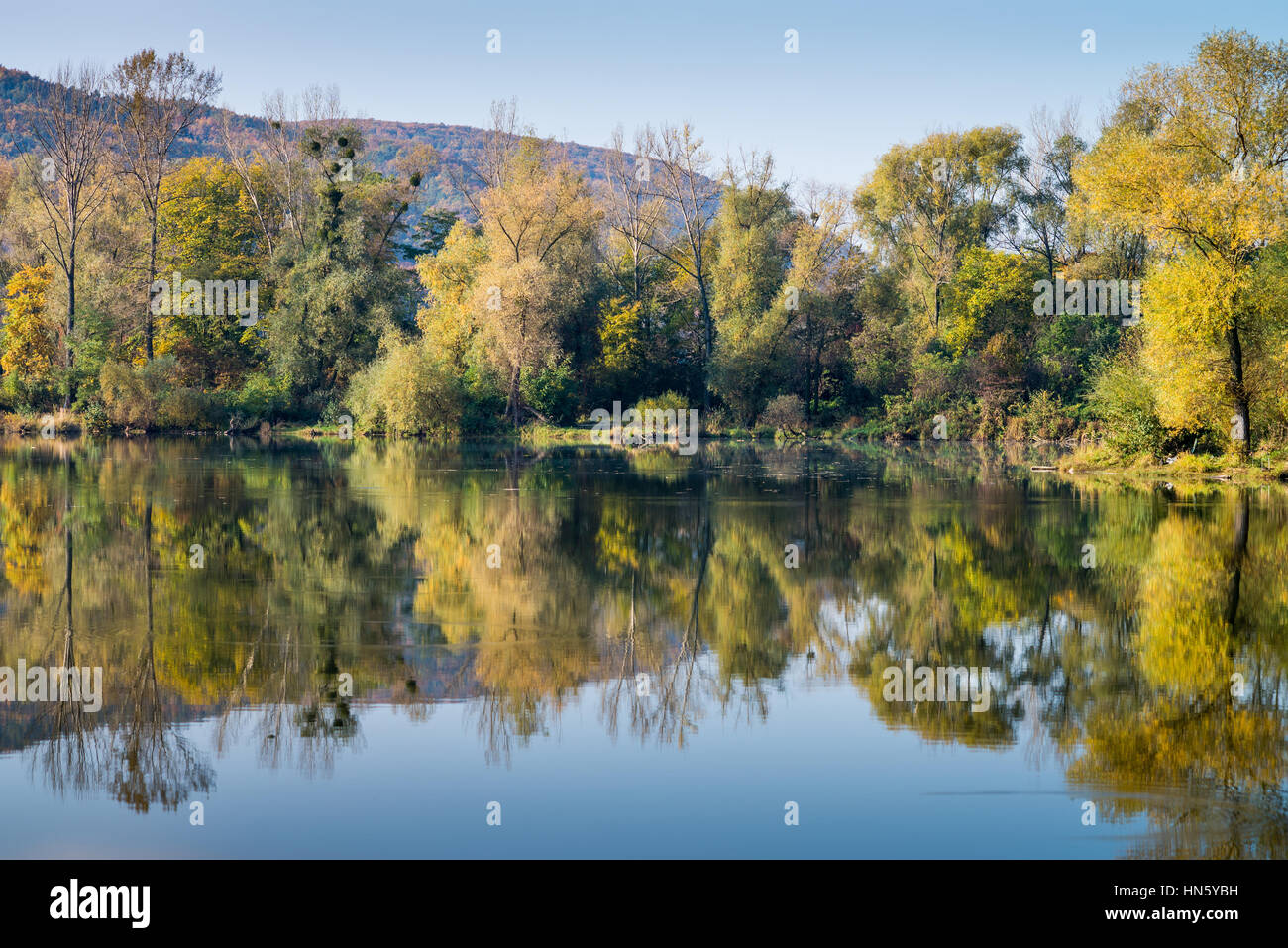 autumn landscape with colorful trees mirrored in the lake, Moravia ...