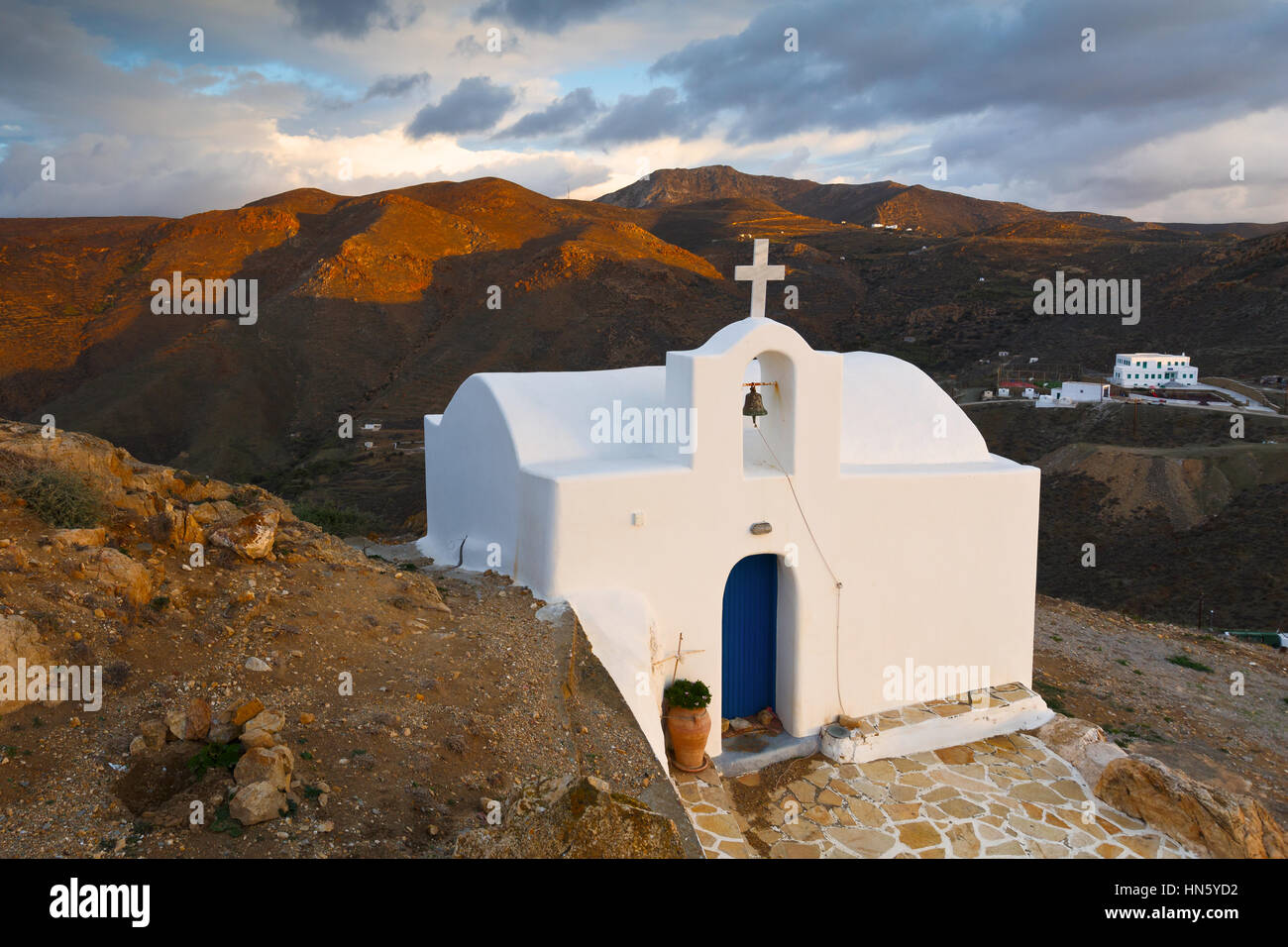 Small church on the site of a castle in Chora of Anafi island in Greece ...