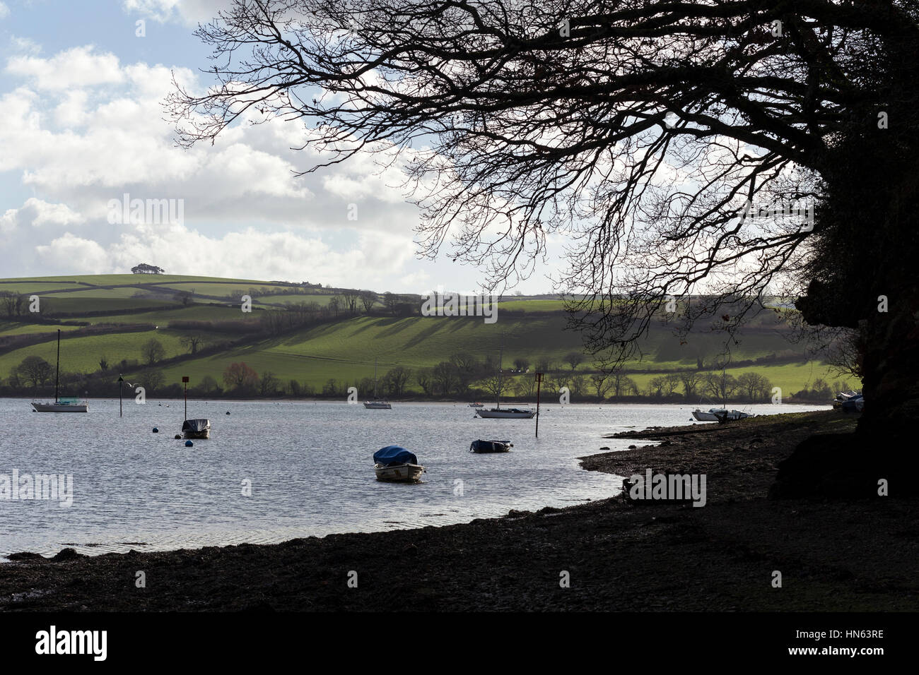 Boats on a creek on the river Dart the Devon village of Stoke Gabriel ...