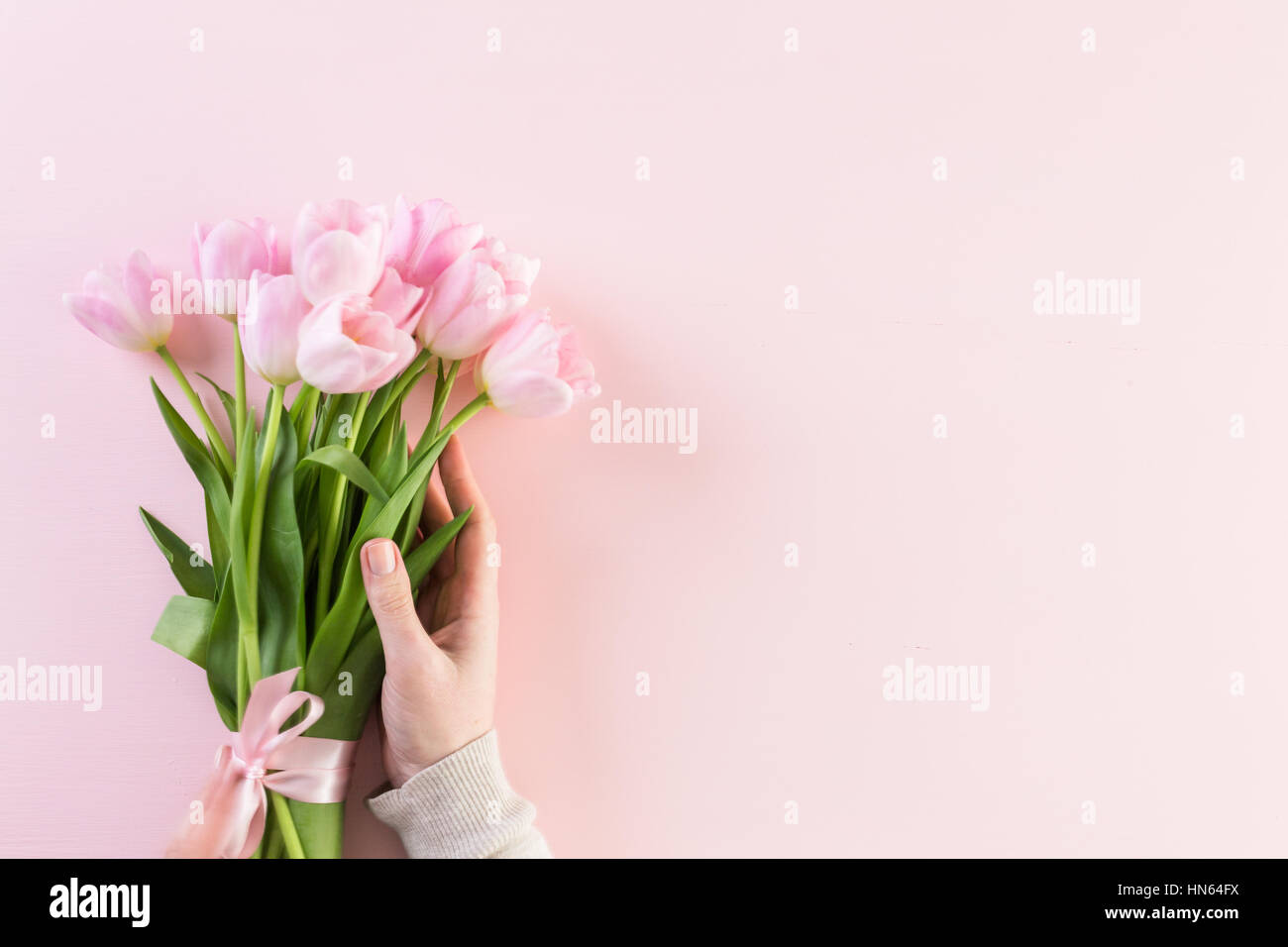 Bouquet of pink tulips wrappen in pink paper Stock Photo - Alamy