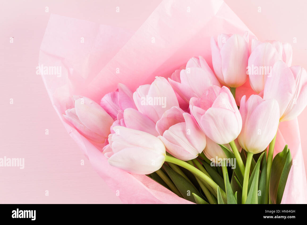 Bouquet of pink tulips wrappen in pink paper Stock Photo - Alamy