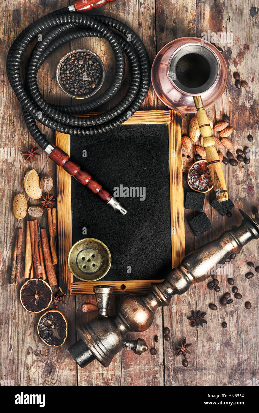aroma oriental hookah with coffee in vintage style.Copy space Stock ...