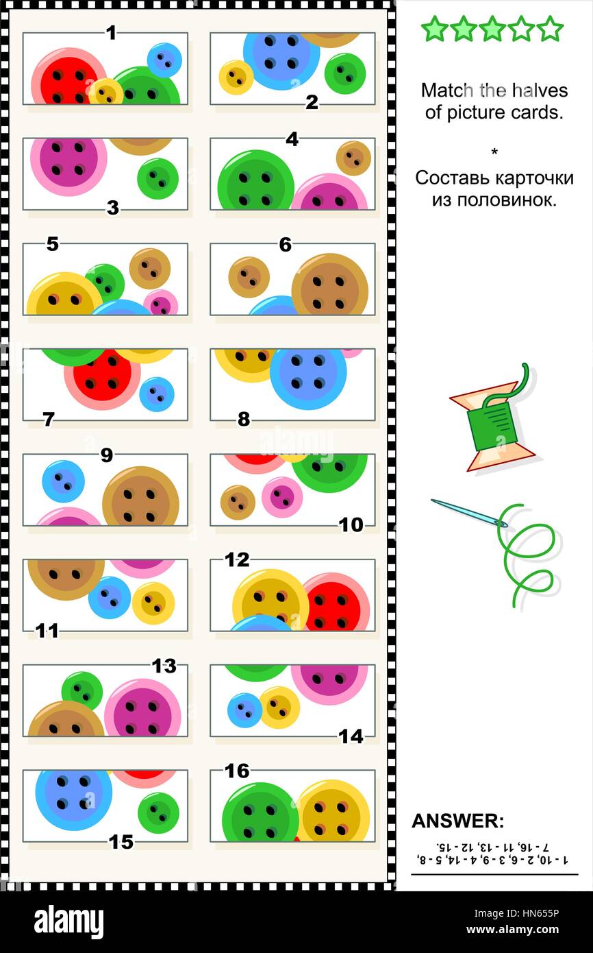 Visual puzzle: Match the halves of picture cards with colorful sewing ...
