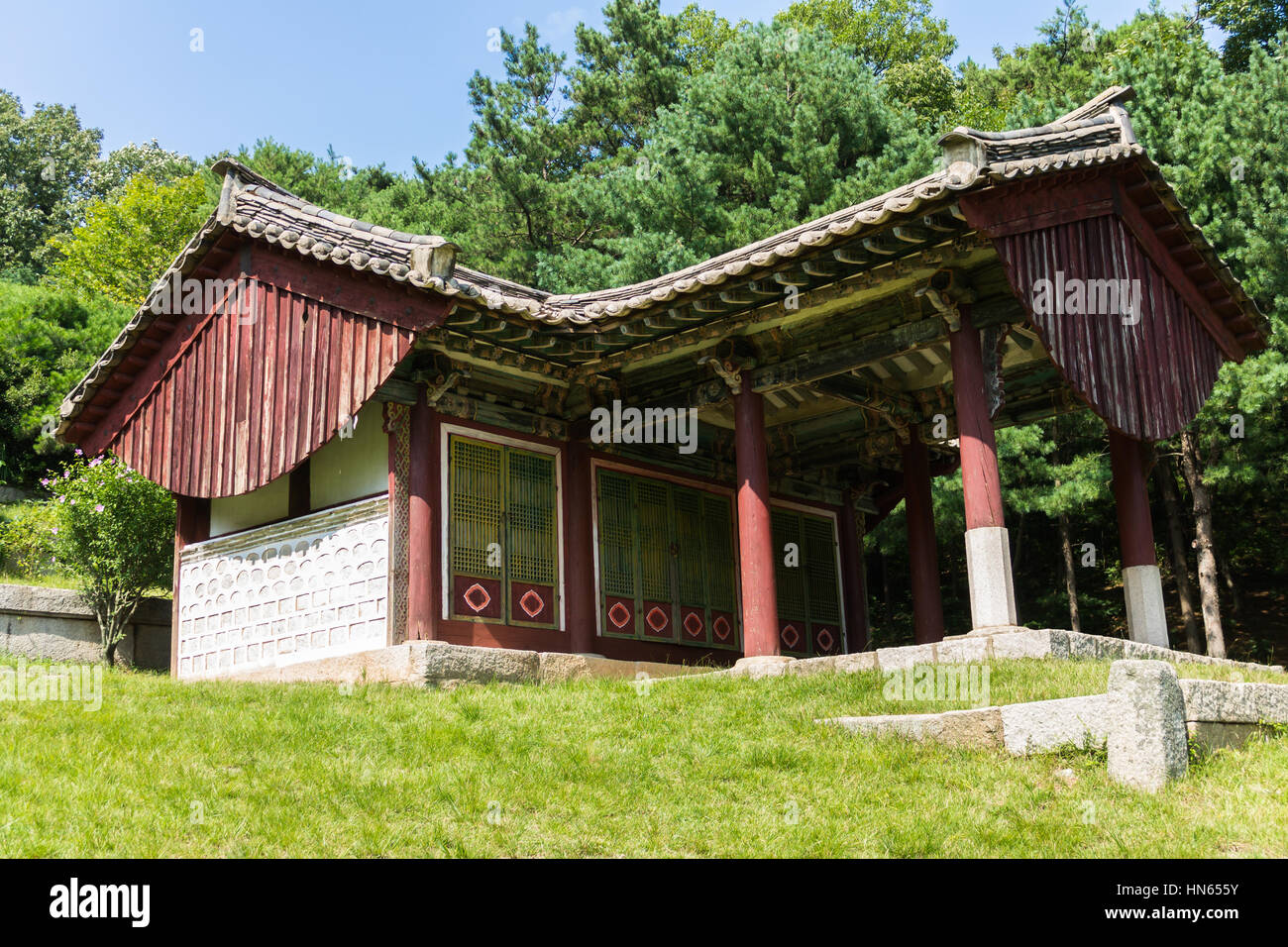 Red desks house near the Tomb of King Kongmin, a 14th-century mausoleum ...