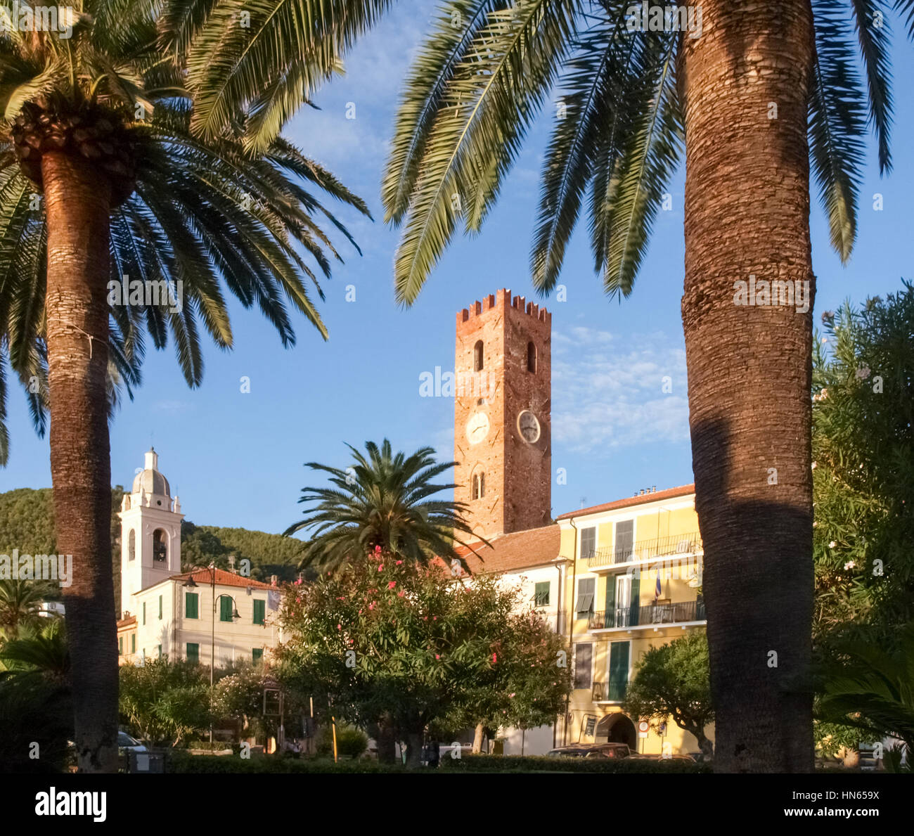 Noli, Italy: Tower of the ancient walls of the palms Stock Photo - Alamy