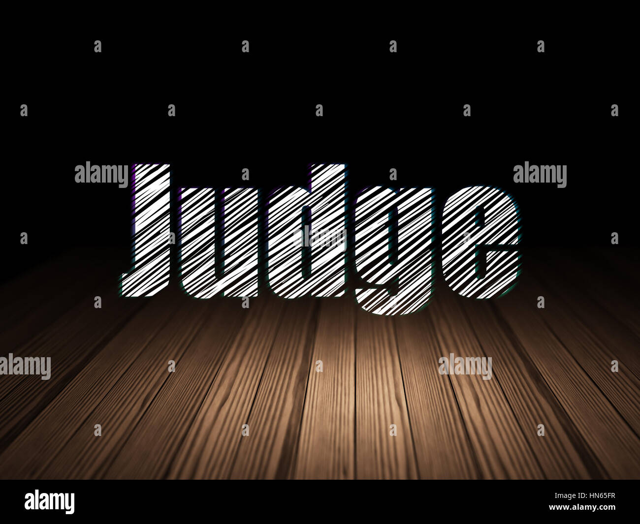 Law concept: Glowing text Judge in grunge dark room with Wooden Floor ...