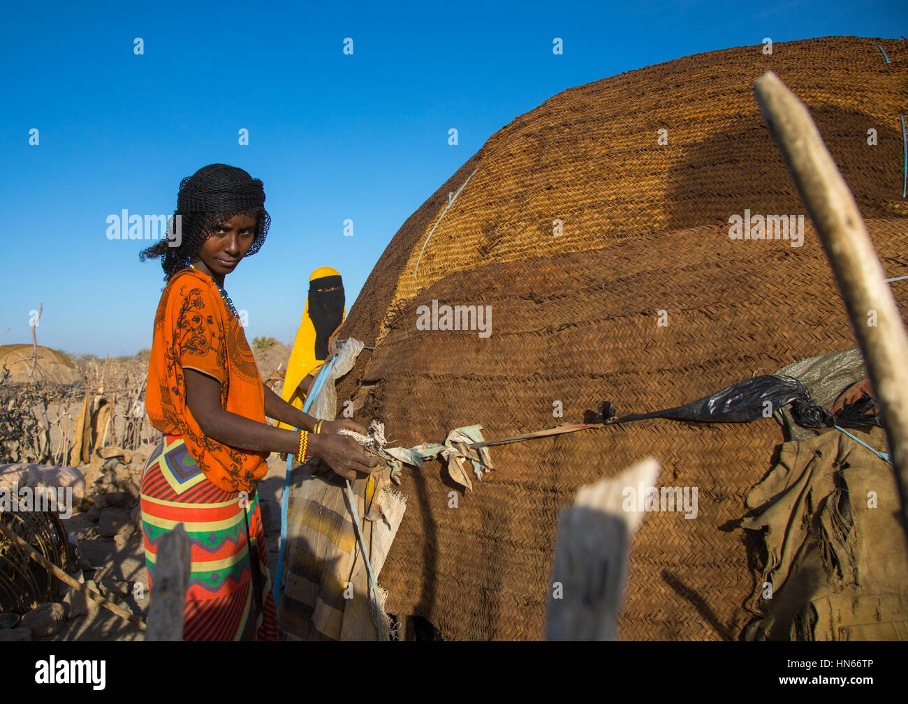 Afar tribe women building a hut, Afar region, Mile, Ethiopia Stock ...