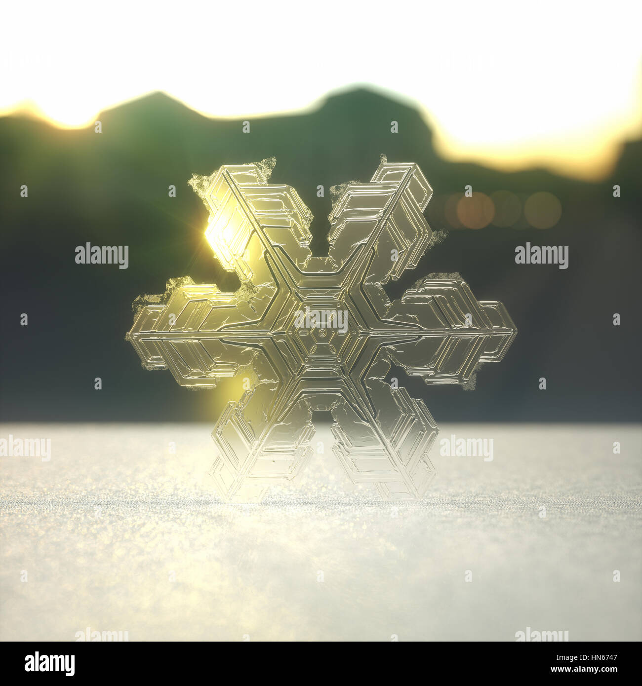 3D illustration of a snowflake over white surface, with sunset in the ...