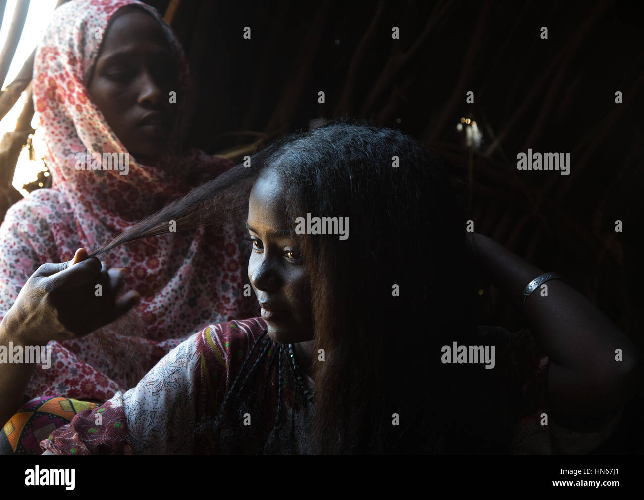 Afar woman having a traditional hairstyle inside her hut, Afar region ...