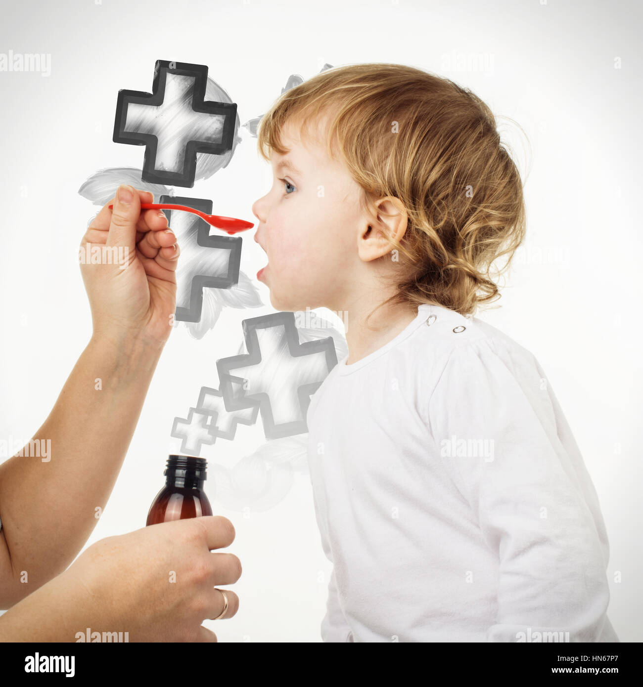 Doctor hand giving spoon dose of medicine liquid drinking syrup Stock ...