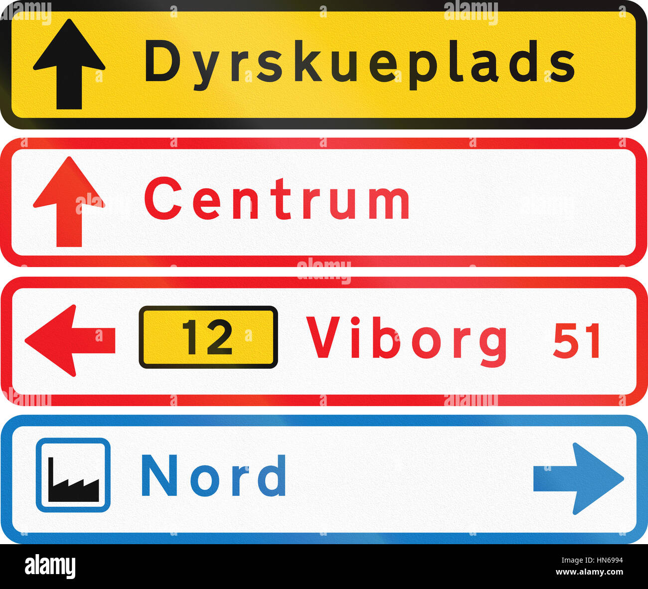 Stacked direction road sign used in Denmark. Dyrskueplads means ...