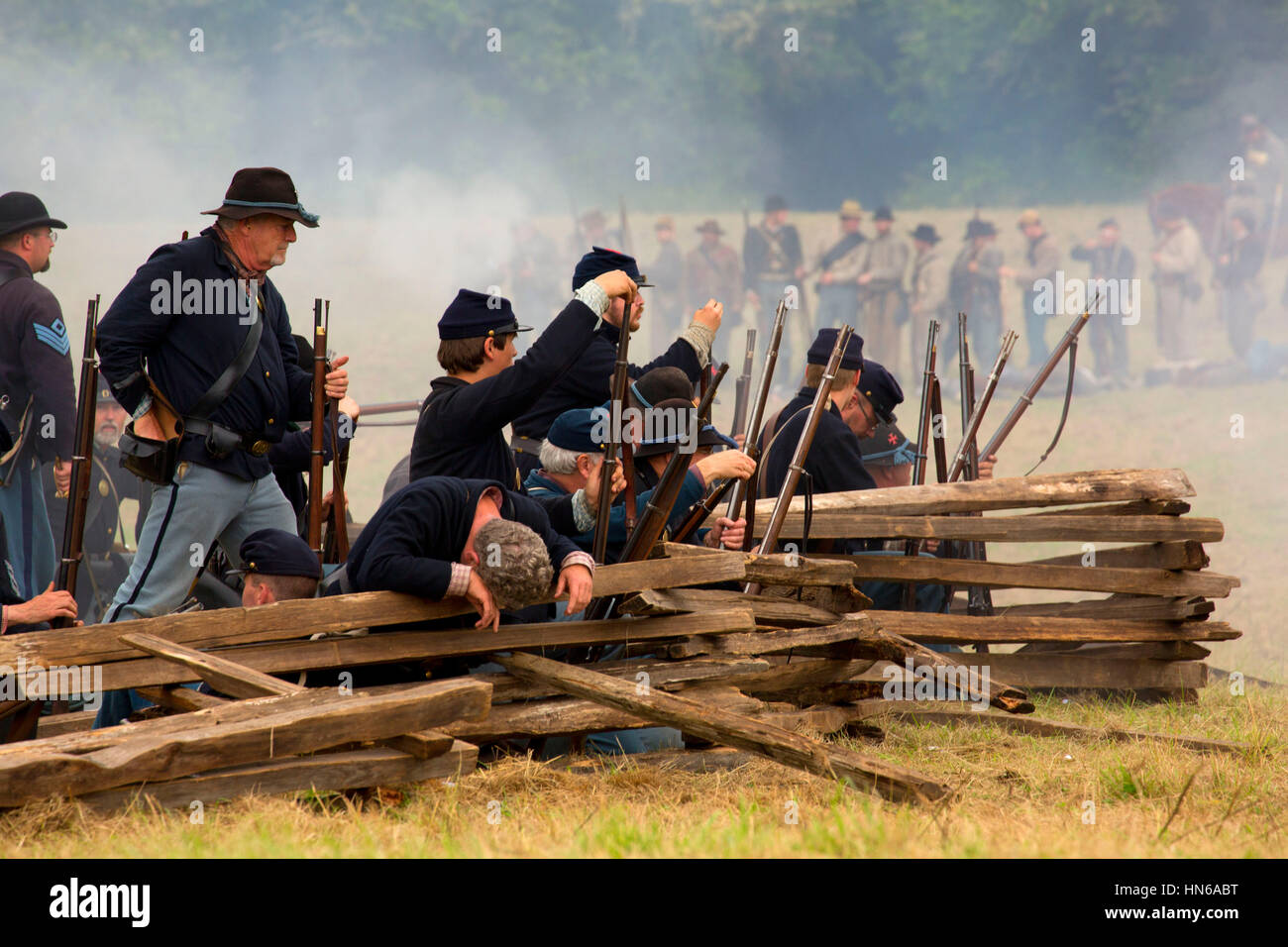 Union soldiers during battle re-enactment, Civil War Reenactment ...