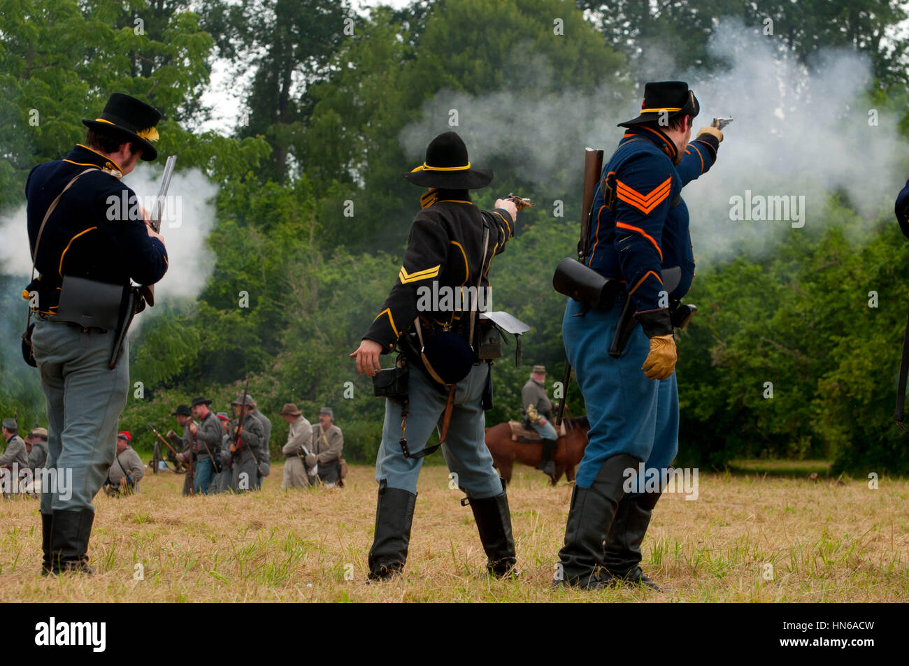Union soldiers with confederates during battle re-enactment, Civil War ...