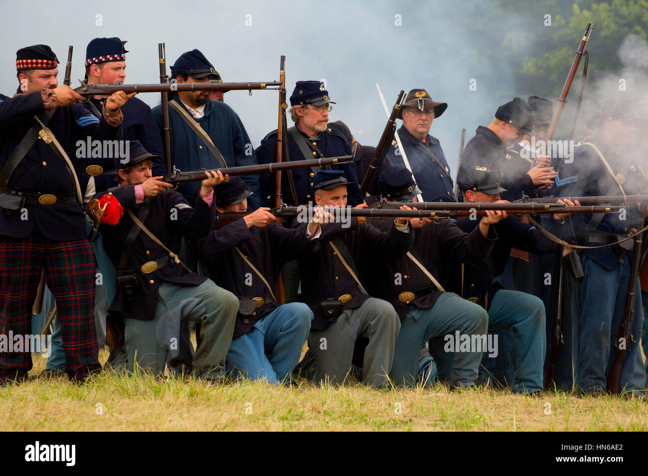 Union soldiers during battle re-enactment, Civil War Reenactment ...