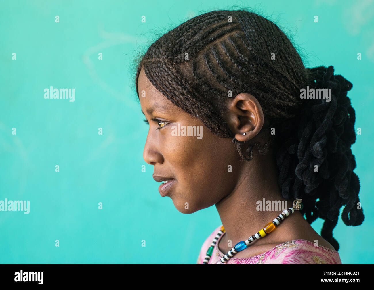 Side view of an Afar tribe girl with braided hair, Afar region, Semera ...