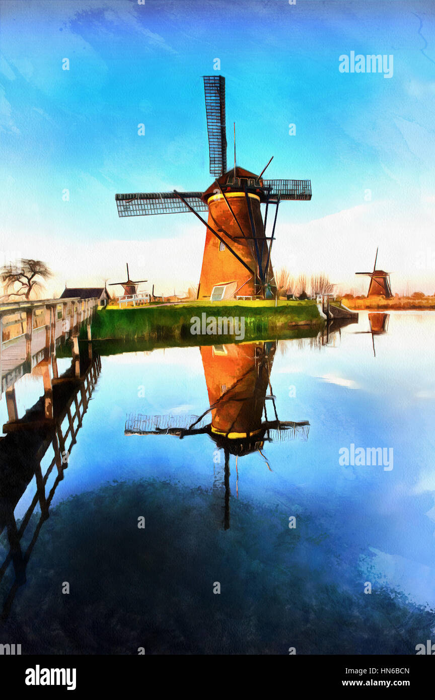 Traditional Dutch windmills from the channel Rotterdam. Holland Stock ...