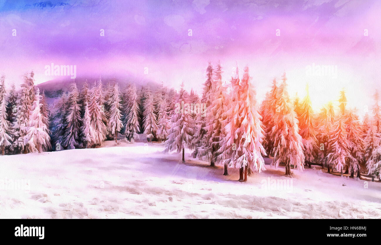 Magical winter snow covered tree. The works in the style of wate Stock ...