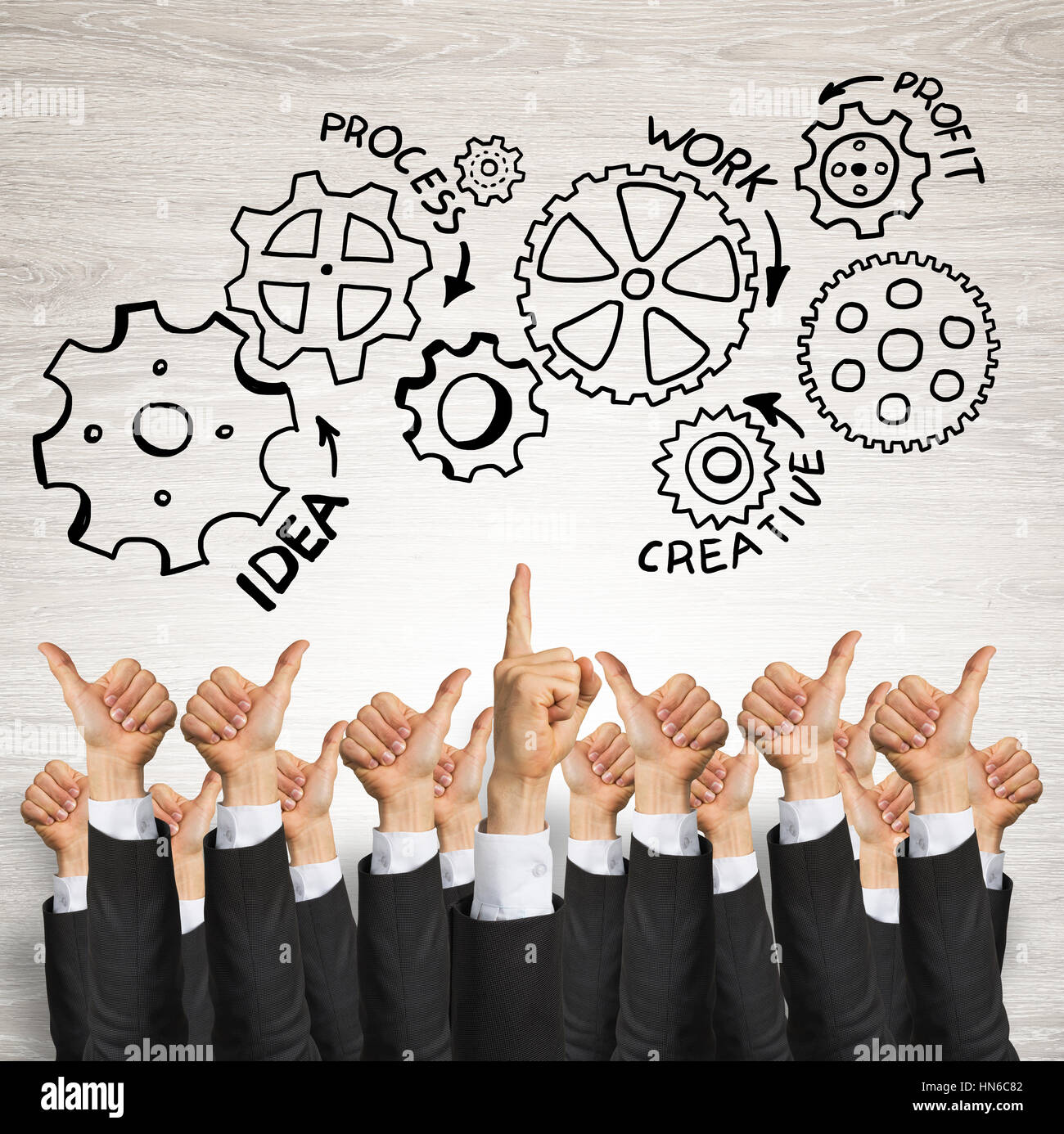 Group of hands of businesspeople showing gestures on wooden background ...