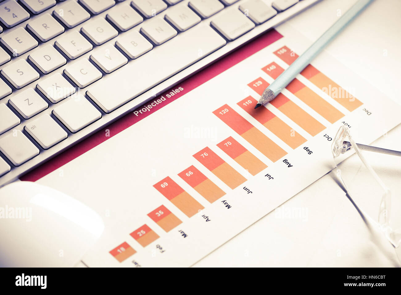 Business workplace with keyboard mouse and papers with graphs and ...