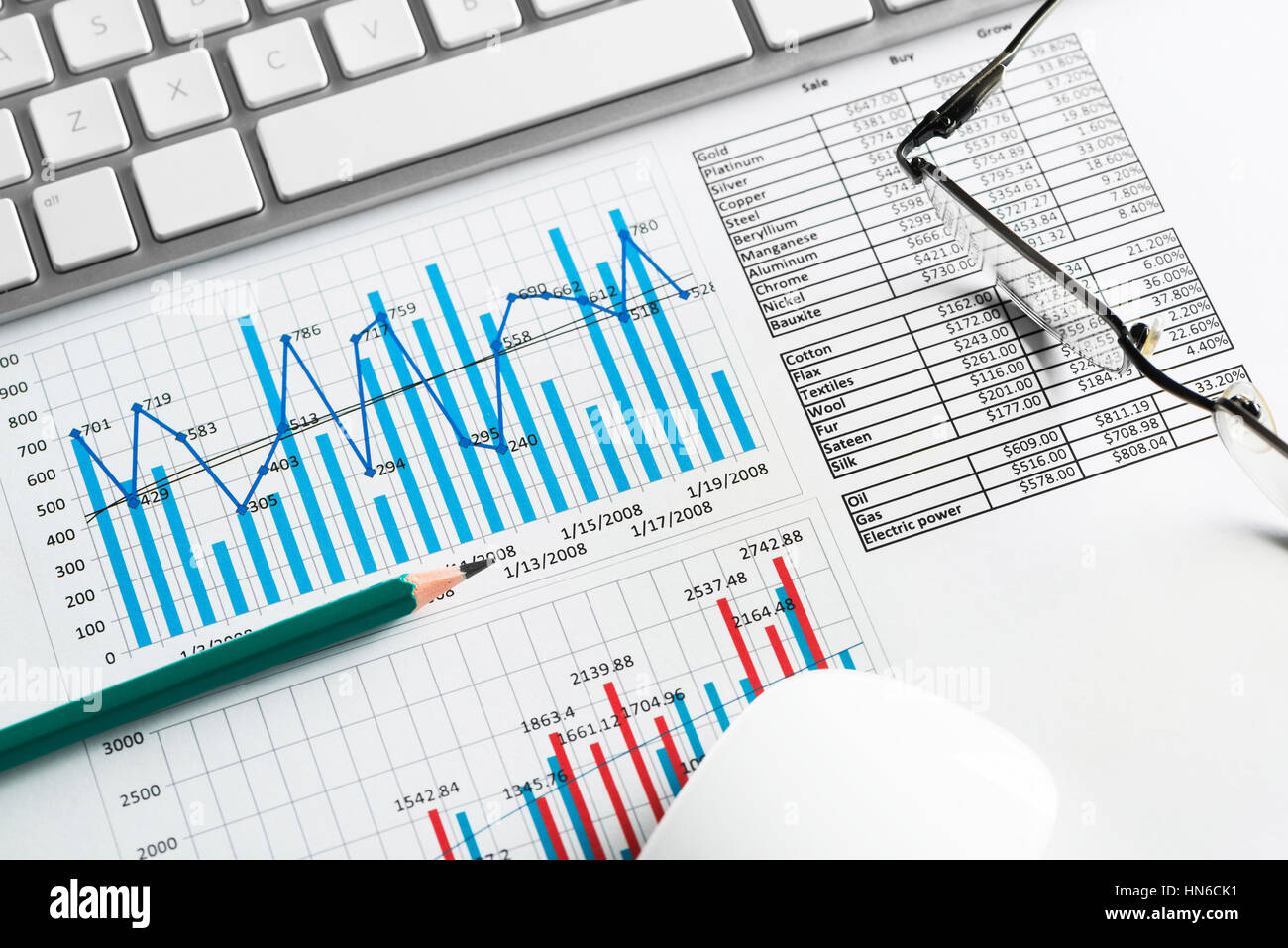 Business workplace with keyboard mouse and papers with graphs and ...