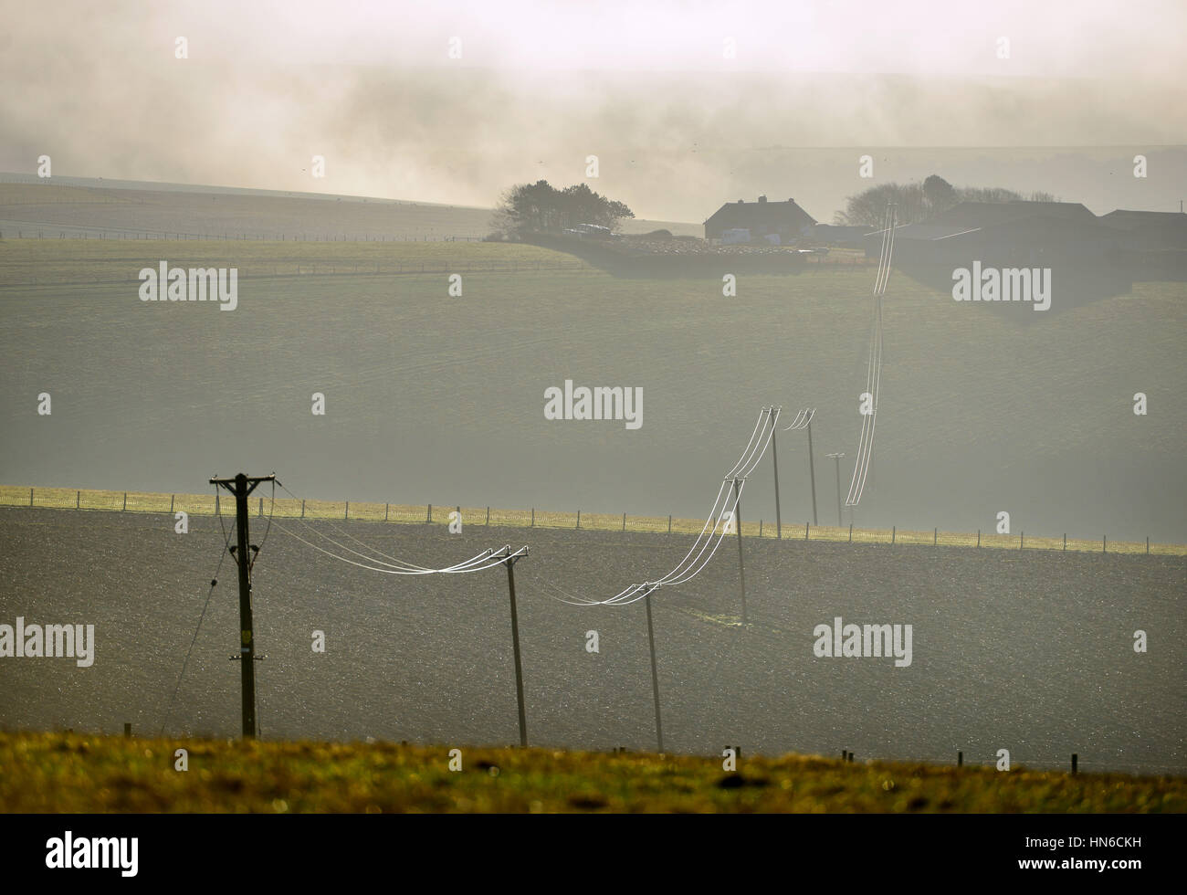 Power lines linking a small remote farm to the national grid, South ...