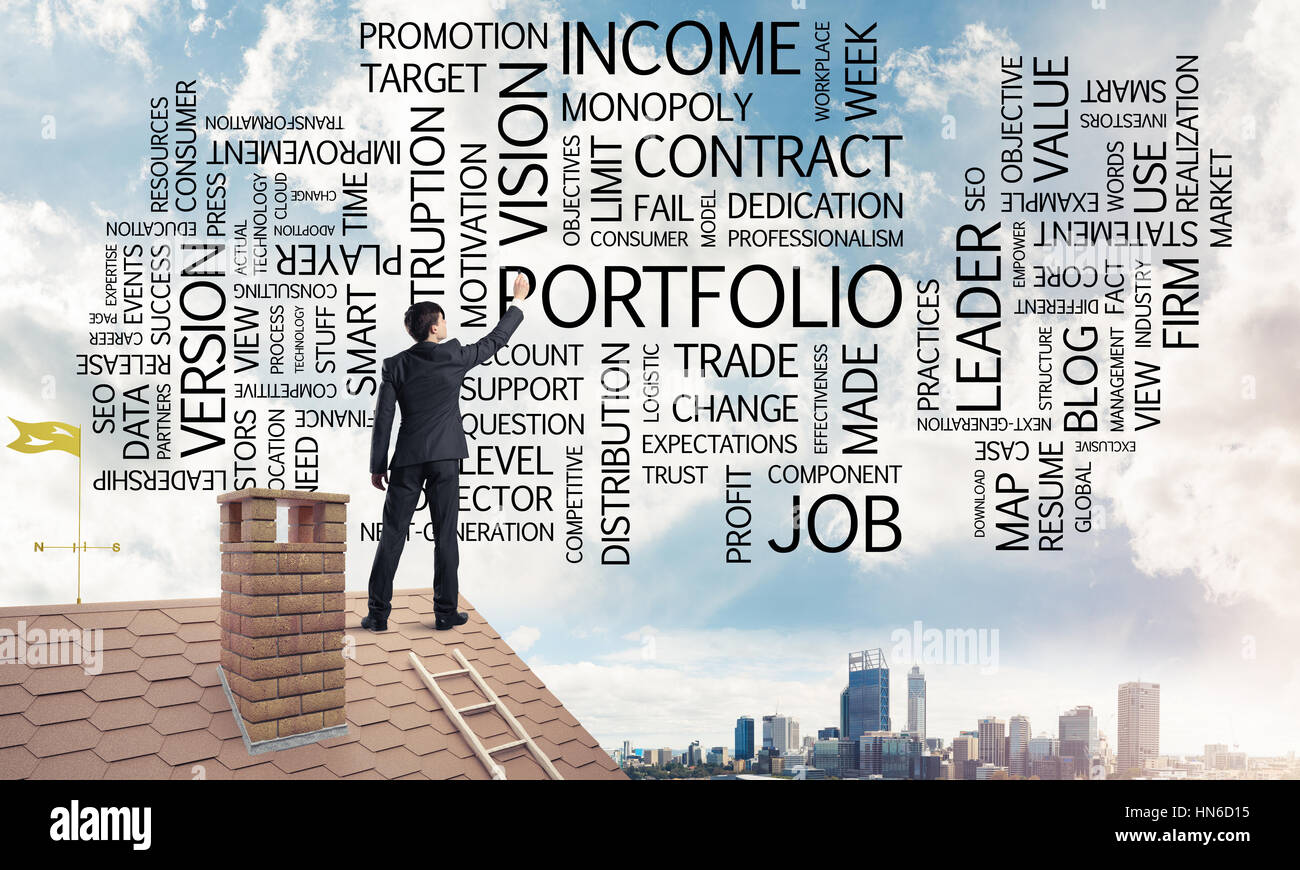 Businessman writing business related and success conceptual words ...
