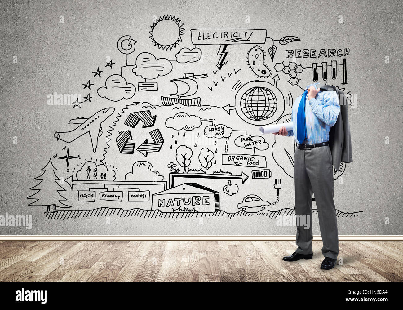 Headless engineer man with papers in hand against sketched background ...