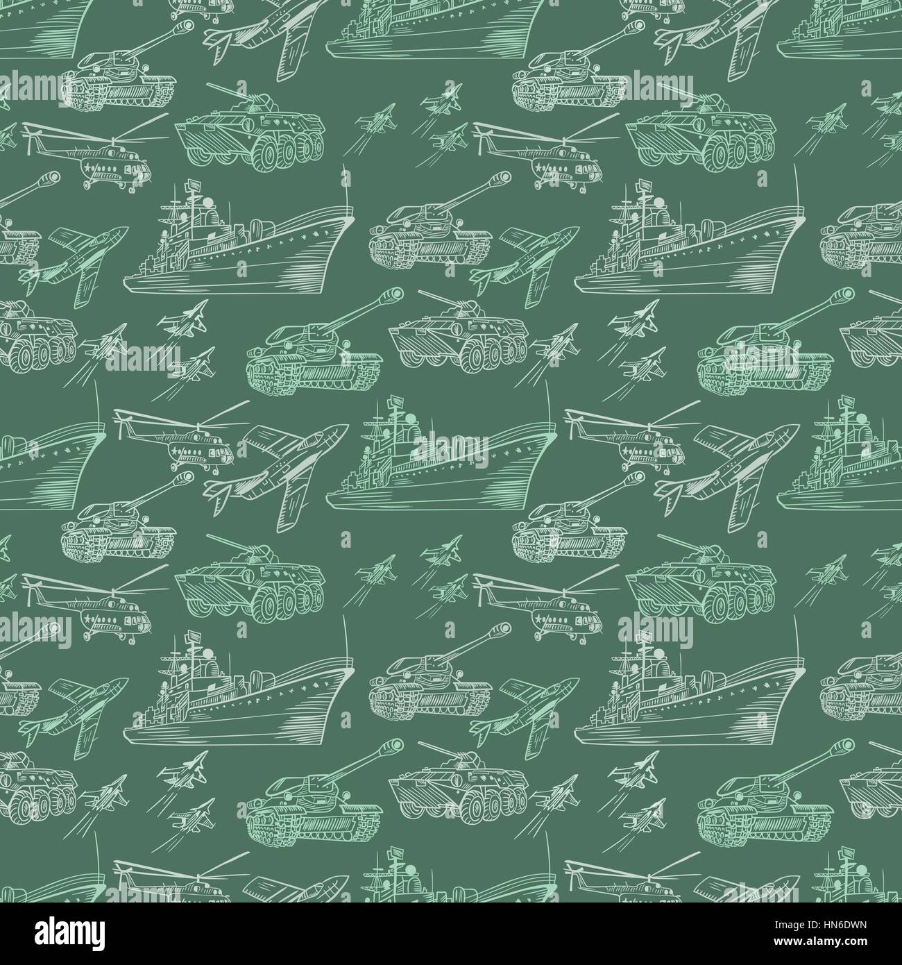 Seamless army texture with vehicle sketch icons on green camouflage ...